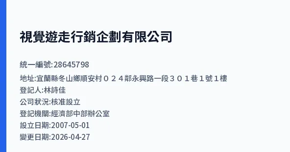 視覺遊走行銷企劃有限公司的照片-統編 28645798(宜蘭縣) 公司登記資料與營業項目詳細圖表