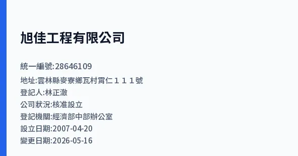 旭佳工程有限公司的照片-統編 28646109(雲林縣) 公司登記資料與營業項目詳細圖表