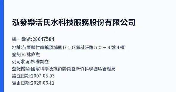 泓發樂活氏水科技服務股份有限公司的照片-統編 28647584(苗栗縣) 公司登記資料與營業項目詳細圖表