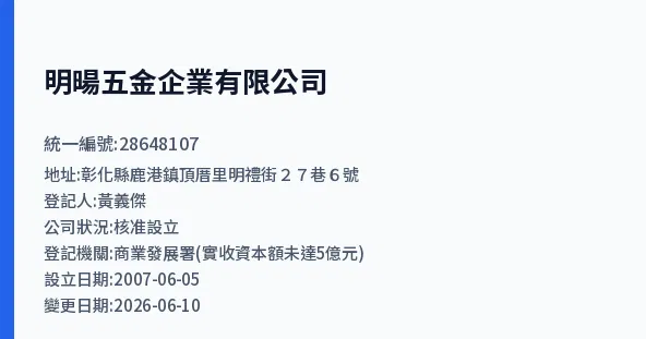 明暘五金企業有限公司的照片-統編 28648107(彰化縣) 公司登記資料與營業項目詳細圖表