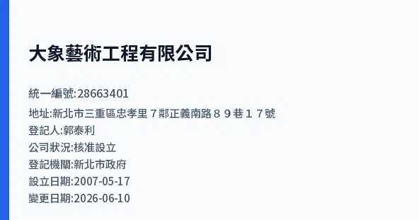 大象藝術工程有限公司的照片-統編 28663401(新北市) 公司登記資料與營業項目詳細圖表