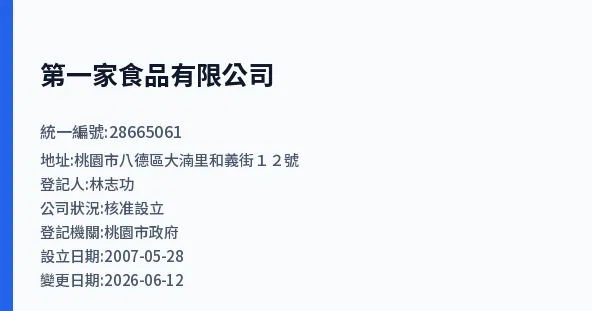 第一家食品有限公司的照片-統編 28665061(桃園市) 公司登記資料與營業項目詳細圖表