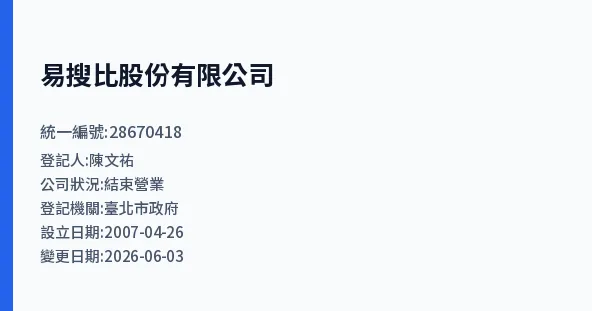 易搜比股份有限公司的照片-統編 28670418 公司登記資料與營業項目詳細圖表