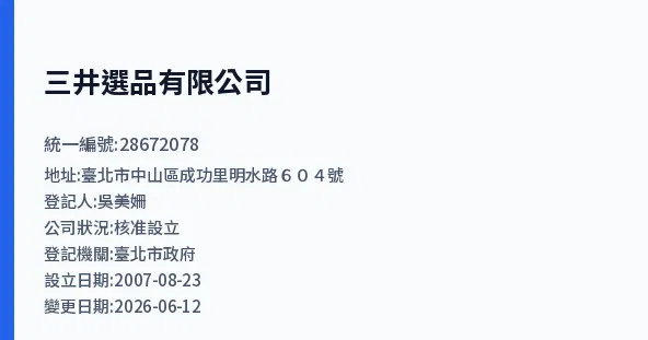 三井選品有限公司的照片-統編 28672078(臺北市) 公司登記資料與營業項目詳細圖表