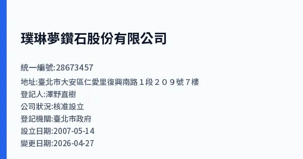 璞琳夢鑽石股份有限公司的照片-統編 28673457(臺北市) 公司登記資料與營業項目詳細圖表