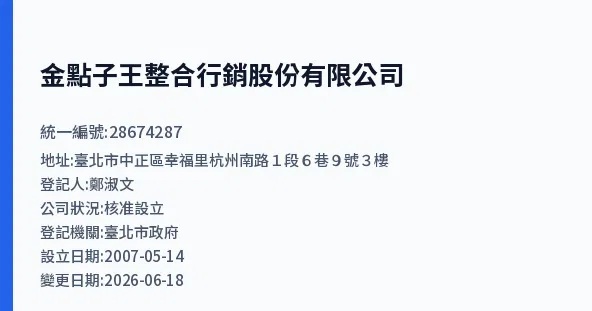 金點子王整合行銷股份有限公司的照片-統編 28674287(臺北市) 公司登記資料與營業項目詳細圖表