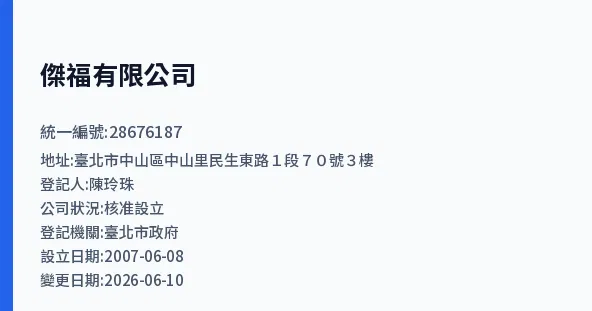 傑福有限公司的照片-統編 28676187(臺北市) 公司登記資料與營業項目詳細圖表