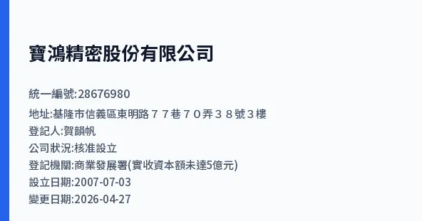 寶鴻精密股份有限公司的照片-統編 28676980(基隆市) 公司登記資料與營業項目詳細圖表