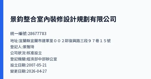景鈞整合室內裝修設計規劃有限公司的照片-統編 28677783(宜蘭縣) 公司登記資料與營業項目詳細圖表