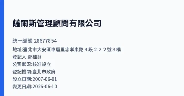 薩爾斯管理顧問有限公司的照片-統編 28677854(臺北市) 公司登記資料與營業項目詳細圖表