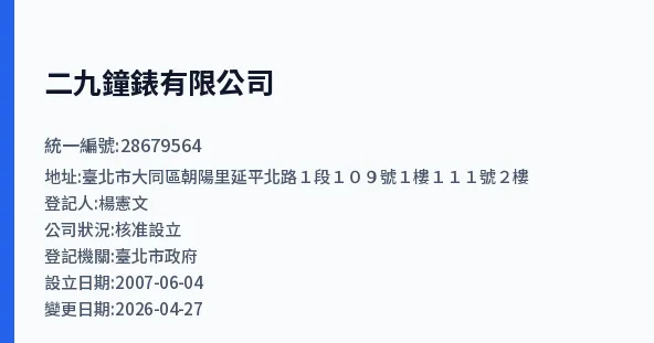 二九鐘錶有限公司的照片-統編 28679564(臺北市) 公司登記資料與營業項目詳細圖表