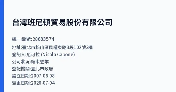 台灣班尼頓貿易股份有限公司的照片-統編 28683574(臺北市) 公司登記資料與營業項目詳細圖表
