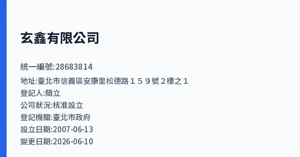 玄鑫有限公司的照片-統編 28683814(臺北市) 公司登記資料與營業項目詳細圖表