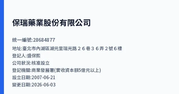 保瑞藥業股份有限公司的照片-統編 28684877(臺北市) 公司登記資料與營業項目詳細圖表