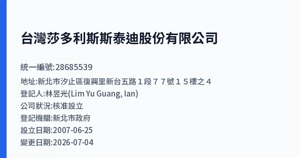 台灣莎多利斯斯泰迪股份有限公司的照片-統編 28685539(新北市) 公司登記資料與營業項目詳細圖表