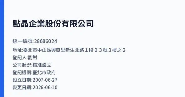 點晶企業股份有限公司的照片-統編 28686024(臺北市) 公司登記資料與營業項目詳細圖表