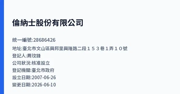 倫納士股份有限公司的照片-統編 28686426(臺北市) 公司登記資料與營業項目詳細圖表