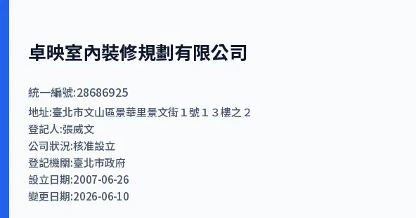 卓映室內裝修規劃有限公司的照片-統編 28686925(臺北市) 公司登記資料與營業項目詳細圖表