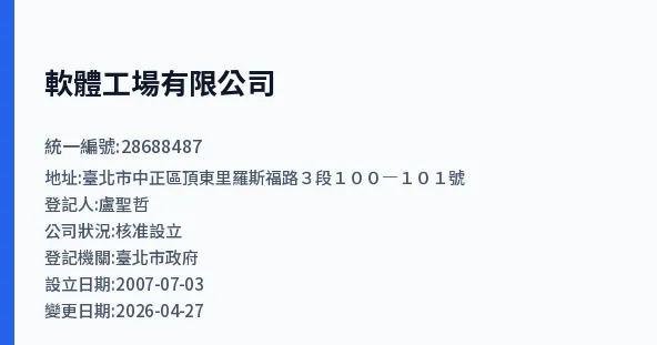 軟體工場有限公司的照片-統編 28688487(臺北市) 公司登記資料與營業項目詳細圖表
