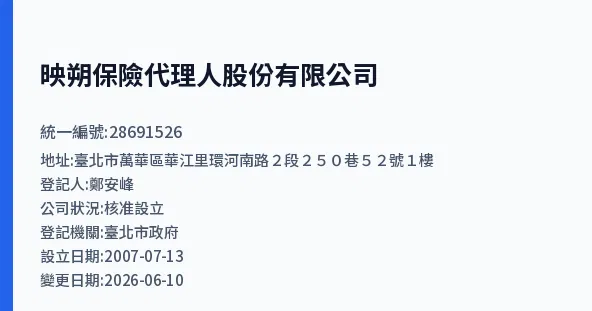 映朔保險代理人股份有限公司的照片-統編 28691526(臺北市) 公司登記資料與營業項目詳細圖表