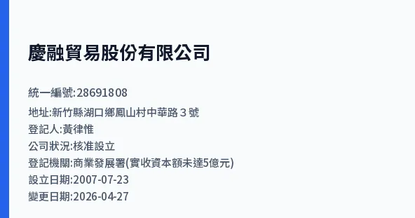 慶融貿易股份有限公司的照片-統編 28691808(新竹縣) 公司登記資料與營業項目詳細圖表