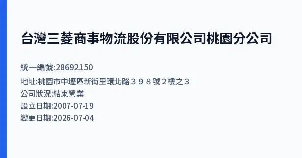 台灣三菱商事物流股份有限公司桃園分公司的照片-統編 28692150(桃園市) 公司登記資料與營業項目詳細圖表