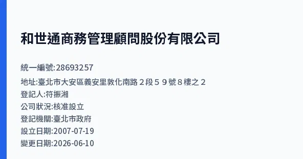 和世通商務管理顧問股份有限公司的照片-統編 28693257(臺北市) 公司登記資料與營業項目詳細圖表