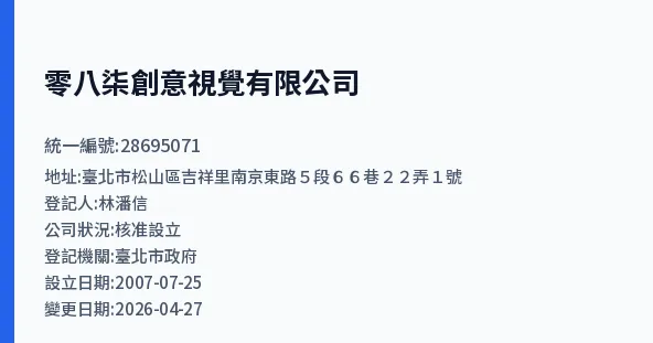 零八柒創意視覺有限公司的照片-統編 28695071(臺北市) 公司登記資料與營業項目詳細圖表
