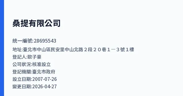 桑提有限公司的照片-統編 28695543(臺北市) 公司登記資料與營業項目詳細圖表