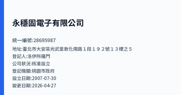 永穩固電子有限公司的照片-統編 28695987(臺北市) 公司登記資料與營業項目詳細圖表