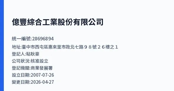 億豐綜合工業股份有限公司的照片-統編 28696894(臺中市) 公司登記資料與營業項目詳細圖表