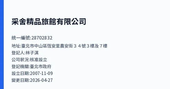 采舍精品旅館有限公司的照片-統編 28702832(臺北市) 公司登記資料與營業項目詳細圖表