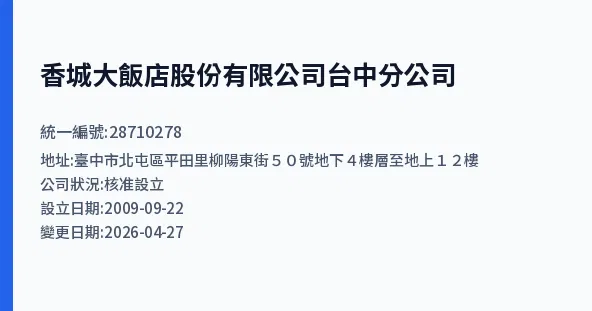 香城大飯店股份有限公司台中分公司的照片-統編 28710278(臺中市) 公司登記資料與營業項目詳細圖表