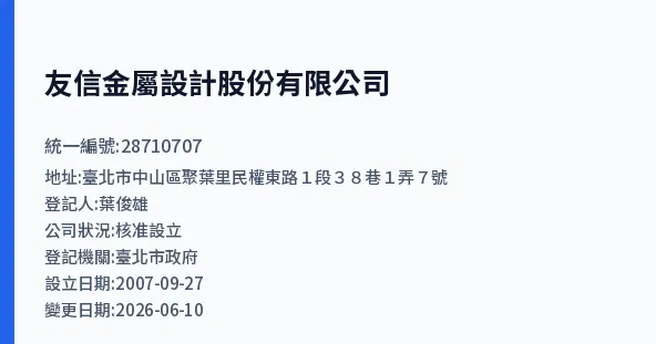 友信金屬設計股份有限公司的照片-統編 28710707(臺北市) 公司登記資料與營業項目詳細圖表
