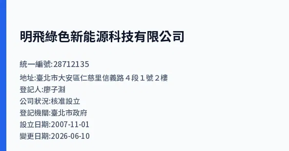 明飛綠色新能源科技有限公司的照片-統編 28712135(臺北市) 公司登記資料與營業項目詳細圖表