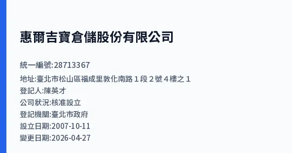 惠爾吉寶倉儲股份有限公司的照片-統編 28713367(臺北市) 公司登記資料與營業項目詳細圖表