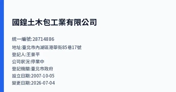 國鍠土木包工業有限公司的照片-統編 28714886(臺北市) 公司登記資料與營業項目詳細圖表
