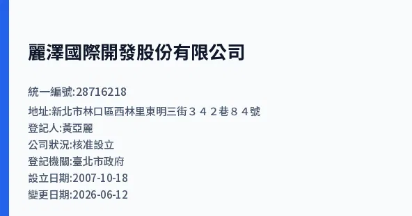 麗澤國際開發股份有限公司的照片-統編 28716218(新北市) 公司登記資料與營業項目詳細圖表