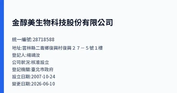 金醇美生物科技股份有限公司的照片-統編 28718588(雲林縣) 公司登記資料與營業項目詳細圖表