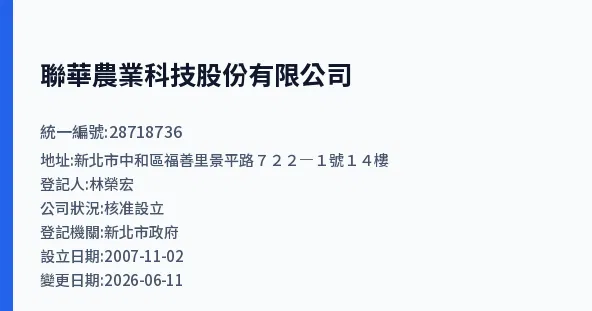 聯華農業科技股份有限公司的照片-統編 28718736(新北市) 公司登記資料與營業項目詳細圖表
