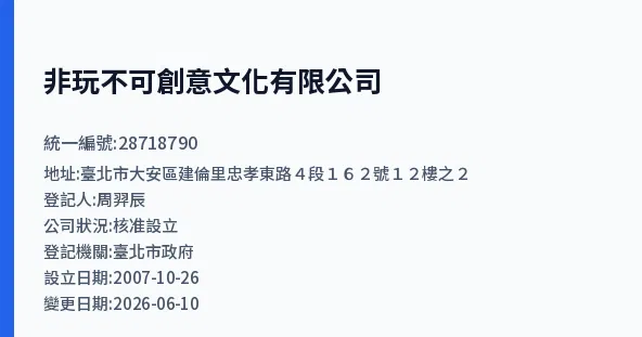 非玩不可創意文化有限公司的照片-統編 28718790(臺北市) 公司登記資料與營業項目詳細圖表