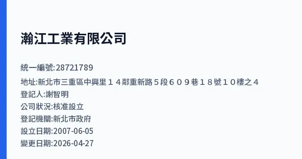瀚江工業有限公司的照片-統編 28721789(新北市) 公司登記資料與營業項目詳細圖表