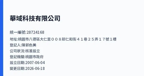 華域科技有限公司的照片-統編 28724168(桃園市) 公司登記資料與營業項目詳細圖表