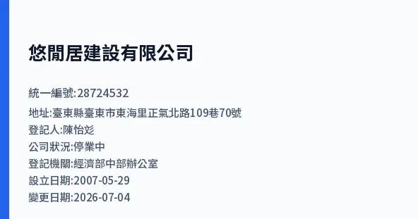 悠閒居建設有限公司的照片-統編 28724532(臺東縣) 公司登記資料與營業項目詳細圖表