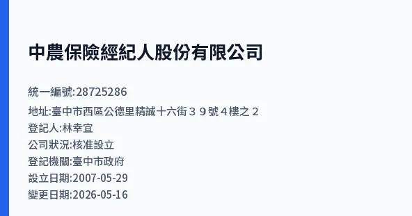 中農保險經紀人股份有限公司的照片-統編 28725286(臺中市) 公司登記資料與營業項目詳細圖表