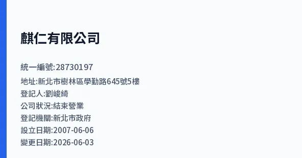 麒仁有限公司的照片-統編 28730197(新北市) 公司登記資料與營業項目詳細圖表
