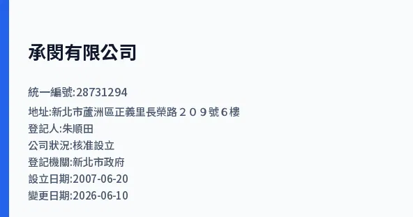 承閔有限公司的照片-統編 28731294(新北市) 公司登記資料與營業項目詳細圖表