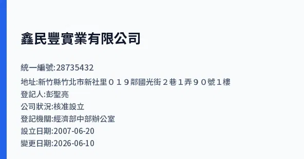 鑫民豐實業有限公司的照片-統編 28735432(新竹縣) 公司登記資料與營業項目詳細圖表