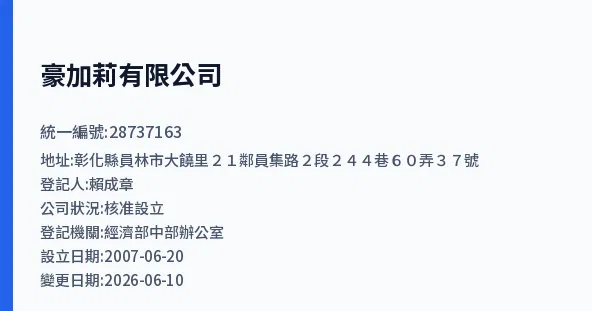 豪加莉有限公司的照片-統編 28737163(彰化縣) 公司登記資料與營業項目詳細圖表