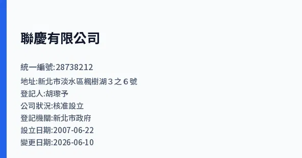 聯慶有限公司的照片-統編 28738212(新北市) 公司登記資料與營業項目詳細圖表